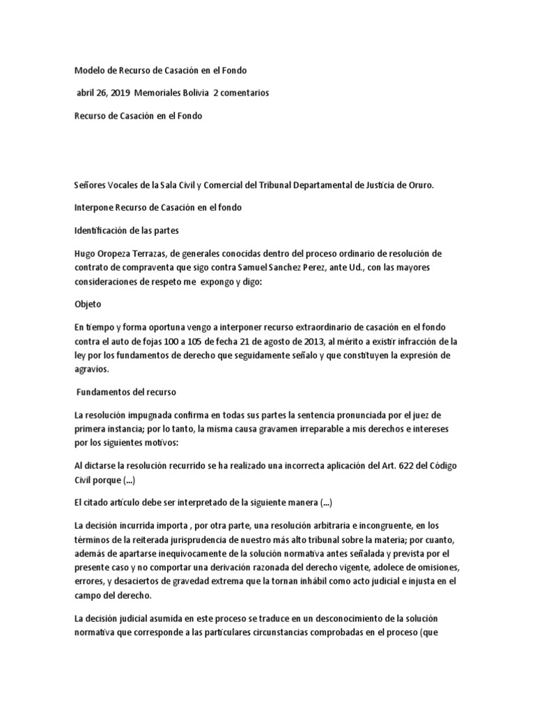 Modelo de Recurso de Casación en El Fondo | PDF | Caso de ley | Ley Pública