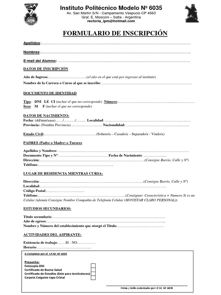 Formulario de Inscripcion A4 | PDF