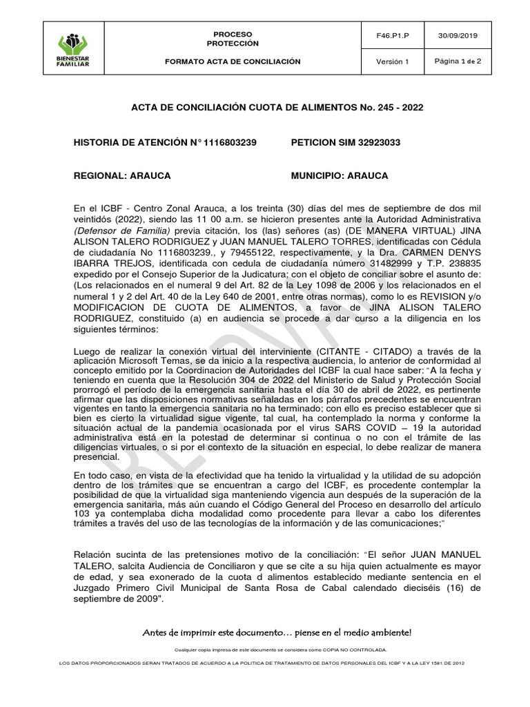 Acta de Conciliacion Icbf | PDF