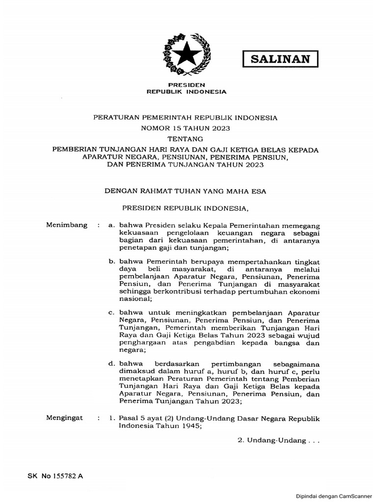 Salinan PP Nomor 15 Tahun 2023 | PDF