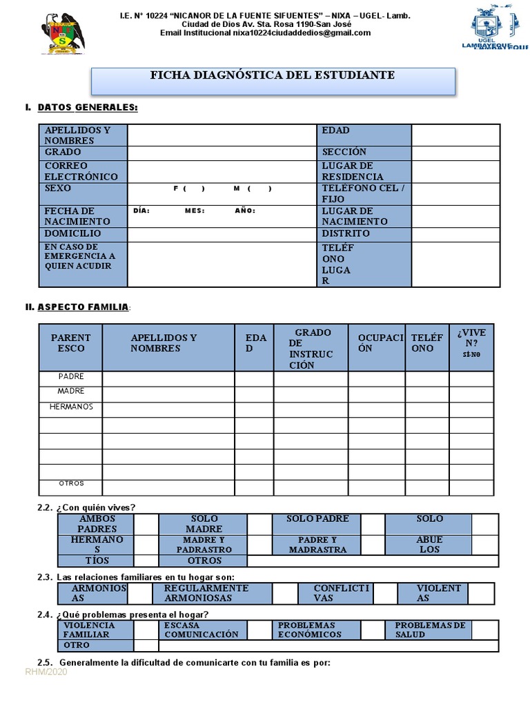 Ficha-Diagnostica Del Estudiante Ie 10224 Nixa Direccion 2022 | PDF