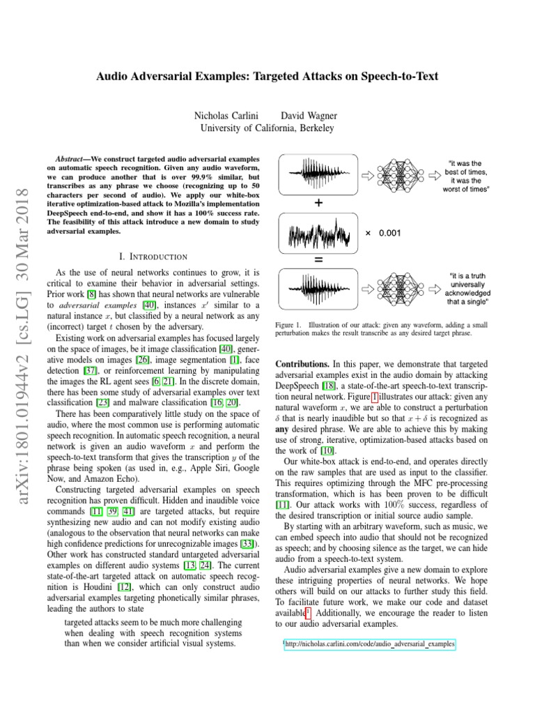 Audio Adversarial Examples: Targeted Attacks On Speech-to-Text | PDF | Speech Recognition ...
