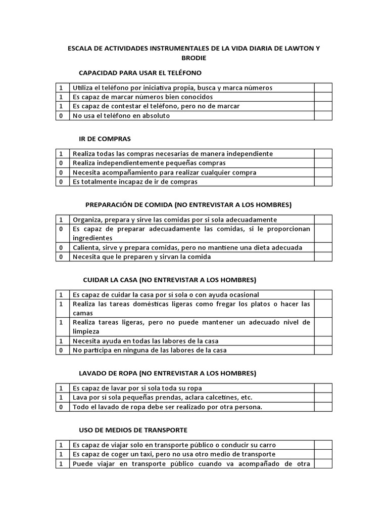 Escala de Actividades Instrumentales de La Vida Diaria de Lawton y Brodie | PDF | Economias