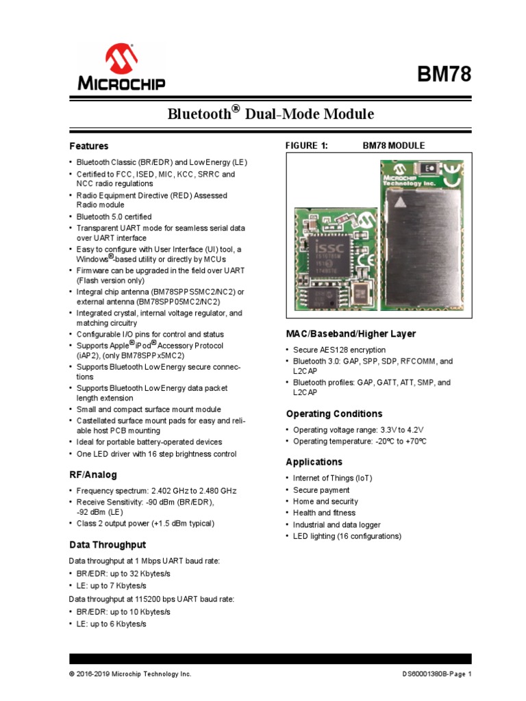 Microchip BM78SPPS5MC2 0002AA Datasheet | PDF | Bluetooth | Microcontroller