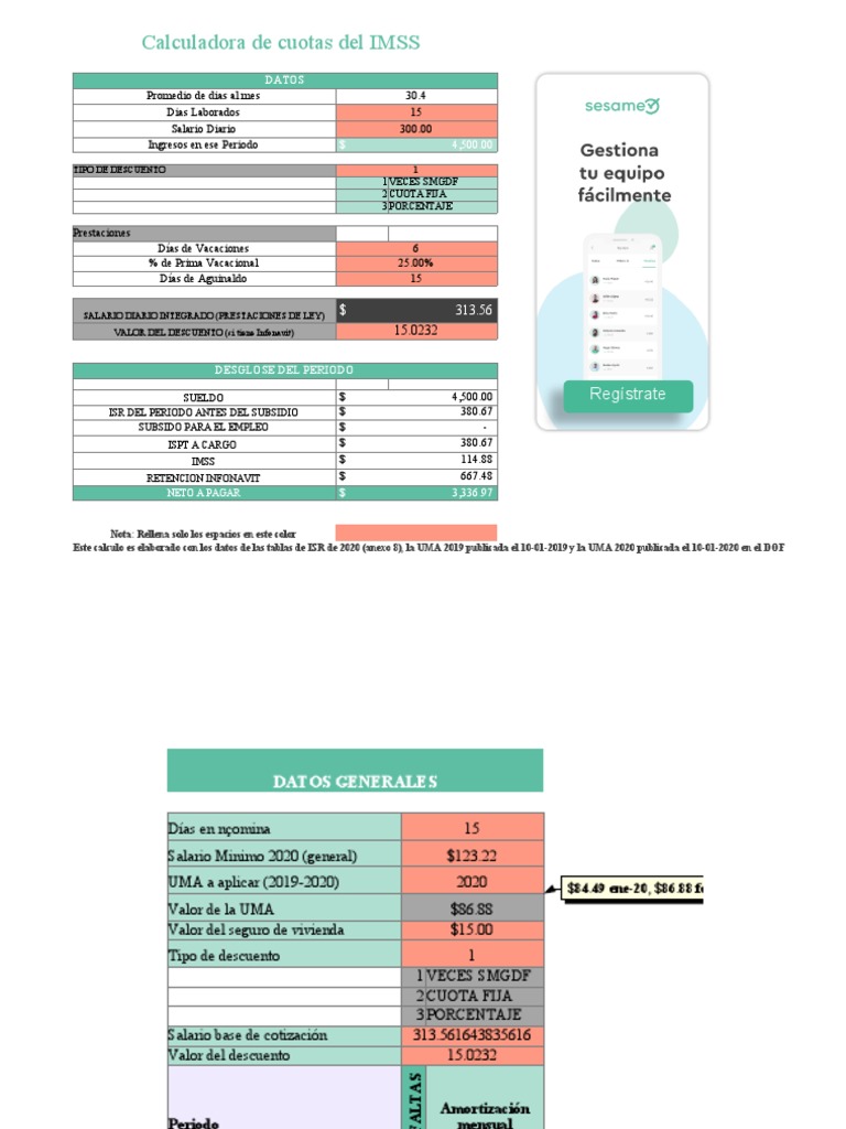 Cálculo de cuotas del IMSS para determinar las deducciones de nómina de ...