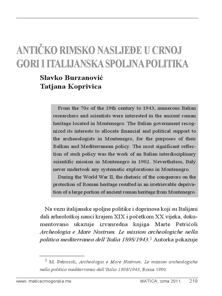 Anticko Rimsko Nasljede U Crnoj Gori I I | PDF