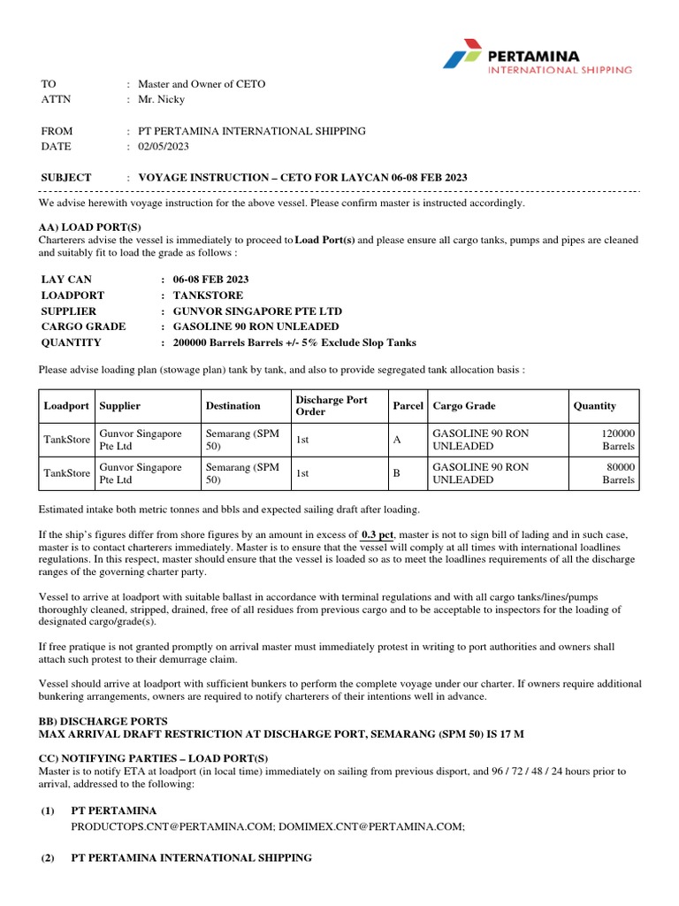 Voyage Instruction - Ceto For Laycan 06-08 Feb 2023 - 2023-02-05 16 ...