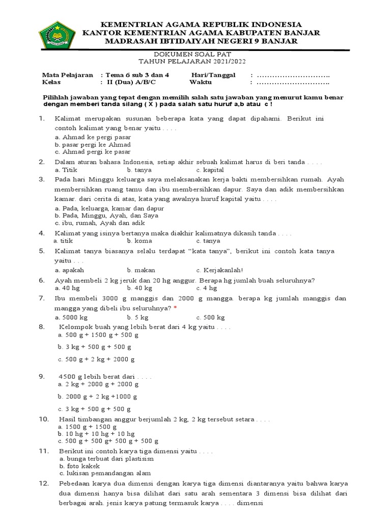 SOAL PAT TEMA 6 SUB 3 DAN 4 - Google Formulir | PDF
