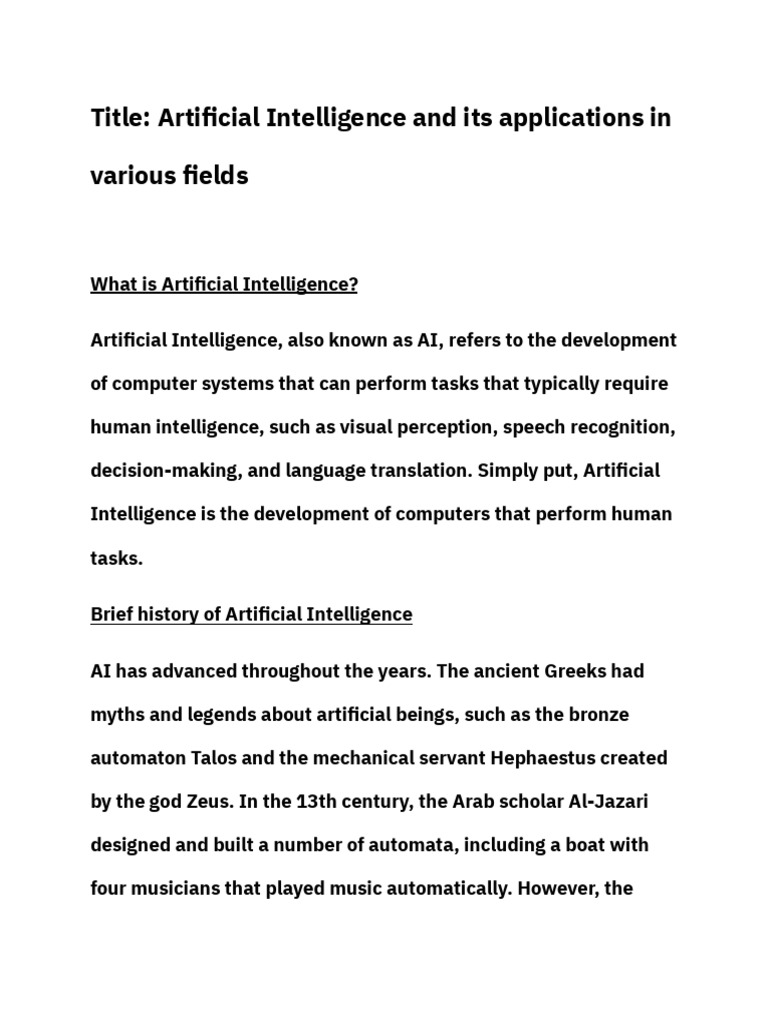 Research Paper #1 - Artificial Intelligence and Its Applications in Various Fields | PDF ...
