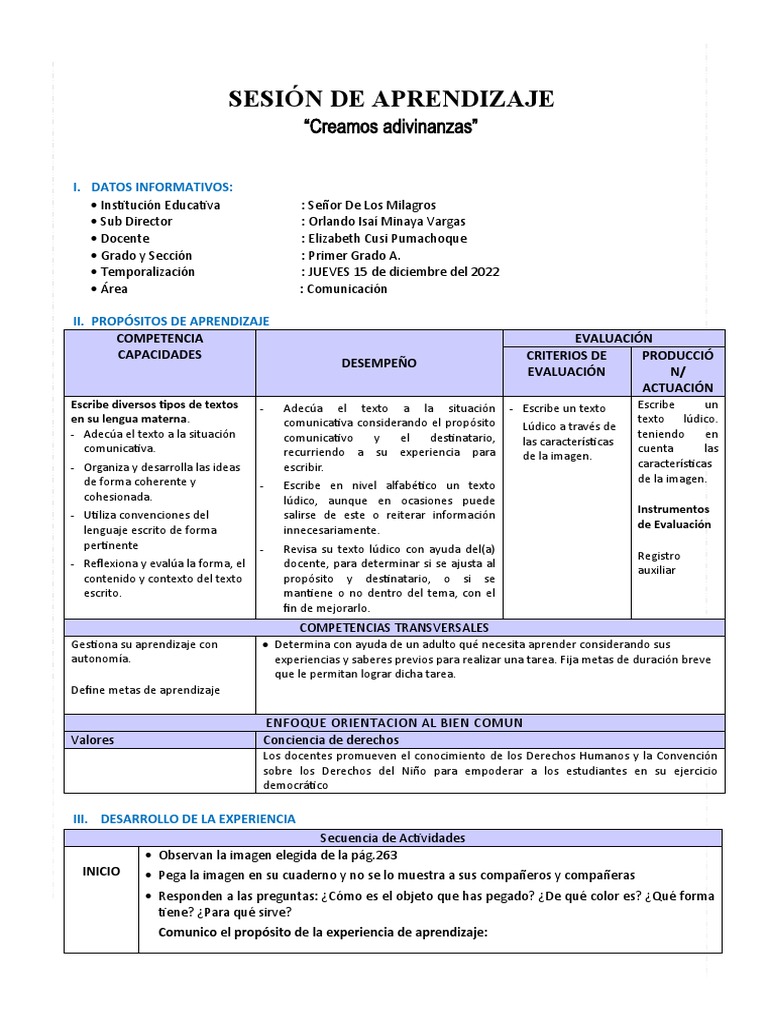 Sesión de Aprendizaje: "Creamos Adivinanzas" | PDF | Evaluación | Aprendizaje