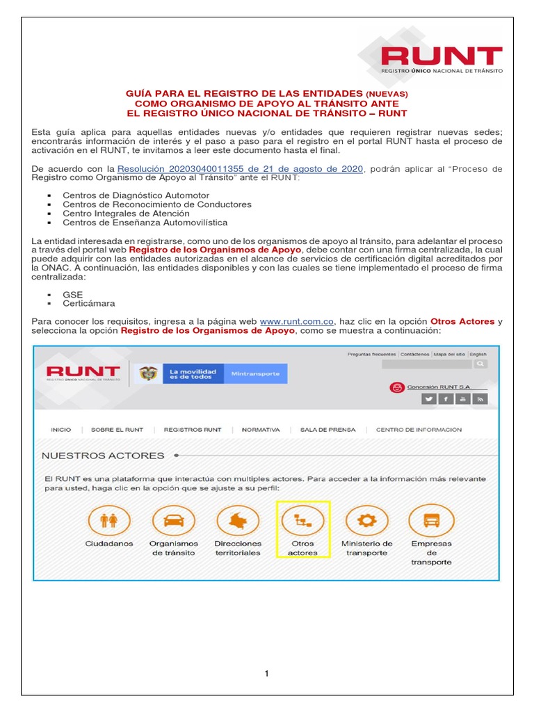 Guía para El Registro de Las Entidades Como Organismo de Apoyo Al Tránsito Ante El Registro ...