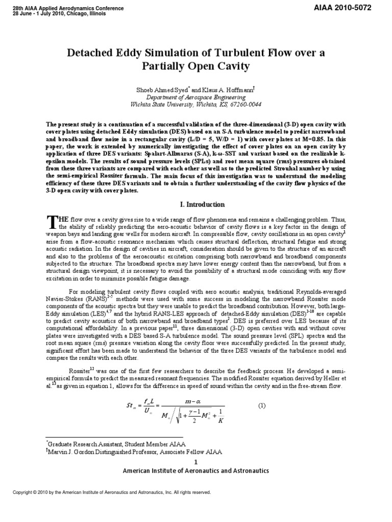 Detached Eddy Simulation of Turbulent Flow Over A Partially Open Cavity ...