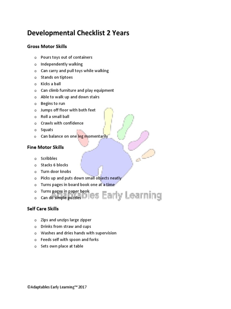 Developmental Checklist 2 Years: Gross Motor Skills | PDF