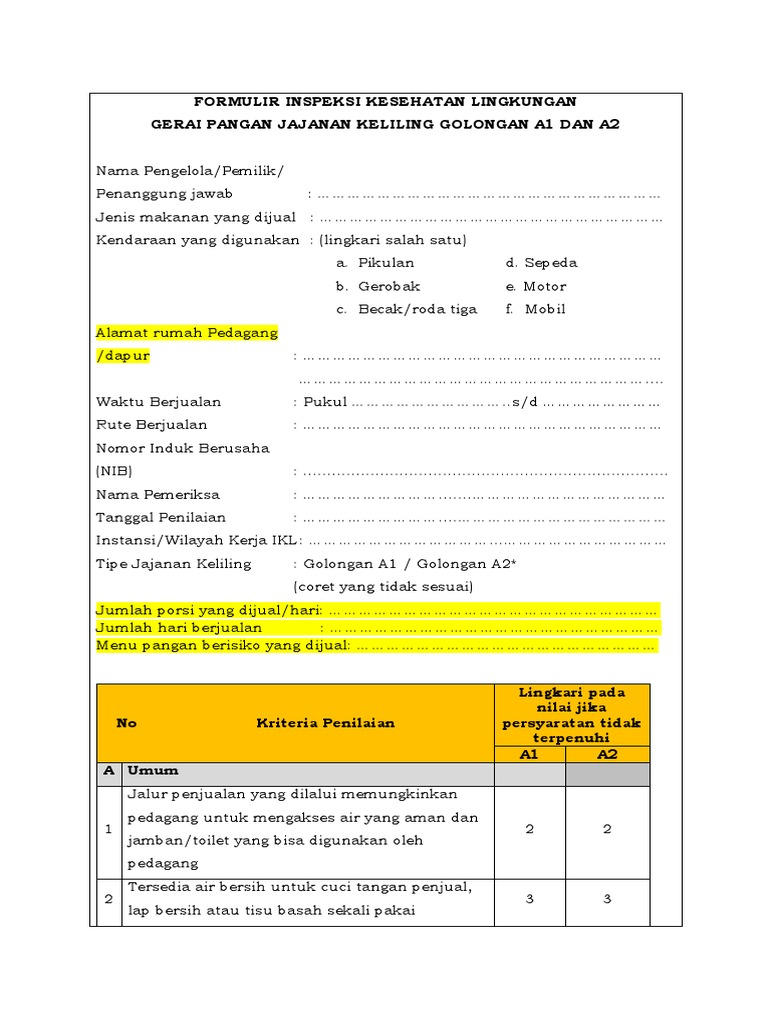 Formulir Inspeksi Kesehatan Lingkungan Gerai Pangan Jajanan Keliling ...