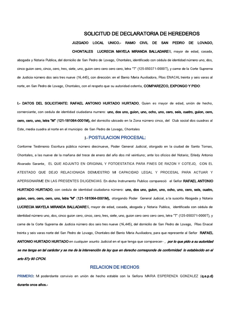 DECLARATORIA DE HEREDEROS Rafael Antonio Hurtado Hurtado | PDF ...