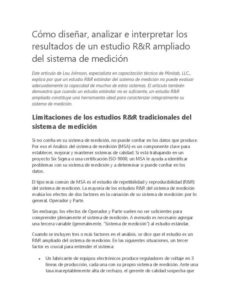 Cómo Diseñar, Analizar e Interpretar Los Resultados de Un Estudio R&R Ampliado Del Sistema de ...