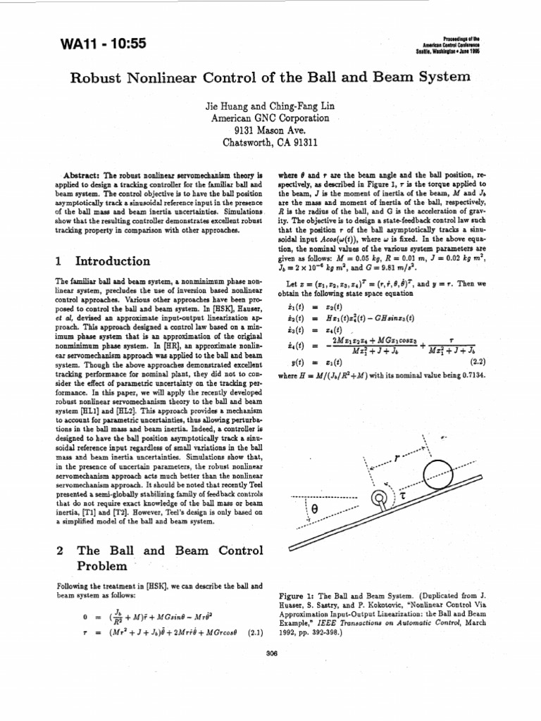 Robust Nonlinear Control of The Ball and Beam System | PDF | Control ...