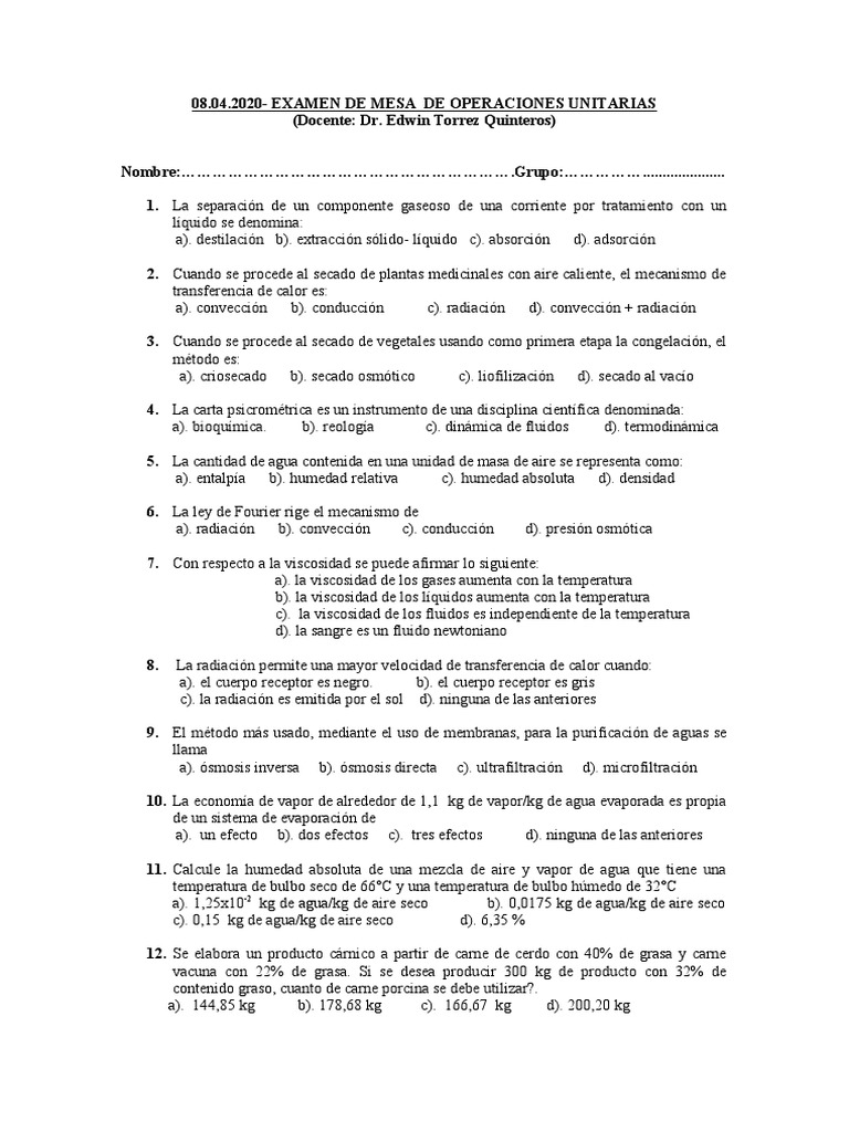 Examen de Mesa de Operaciones Unitarias - 08.04.2021 | PDF | Líquidos | Viscosidad