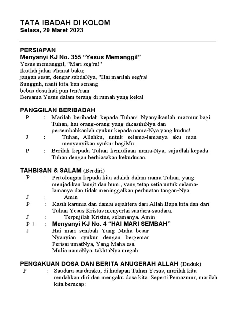 Tata Ibadah Di Kolom: Selasa, 29 Maret 2023 Persiapan Menyanyi KJ No ...