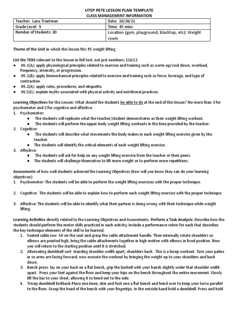 Weight Lifting Lesson Plan | PDF | Weight Training | Human Anatomy