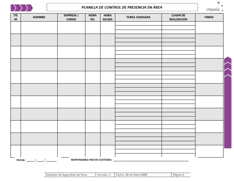 Planilla de Control de Presencia en Area | PDF