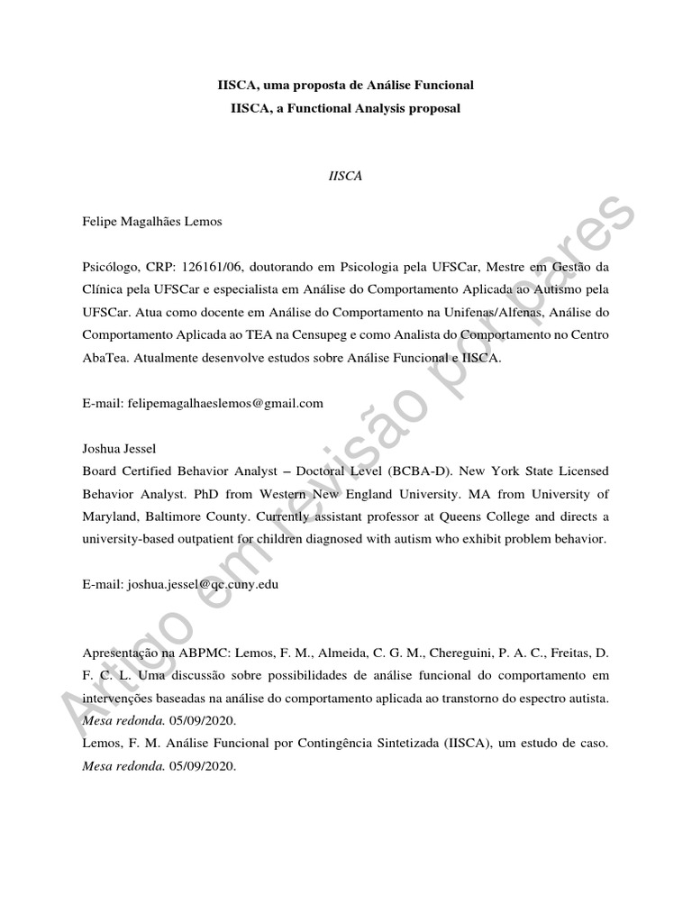 Proposta de Análise Funcional IISCA | PDF | Tempo | Espectro do autismo
