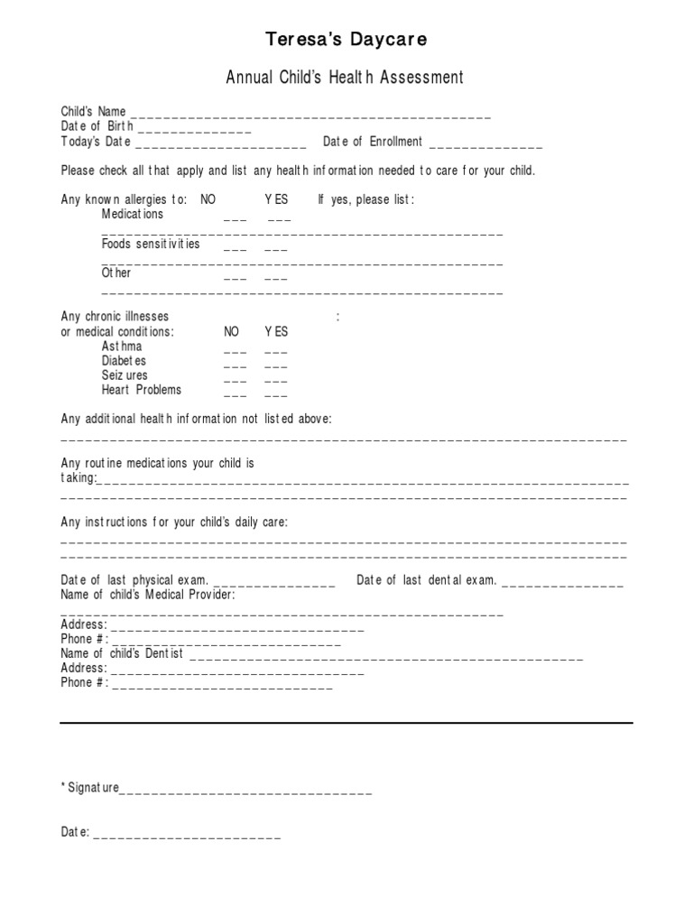 Teresa's Daycare Health Assessment | PDF