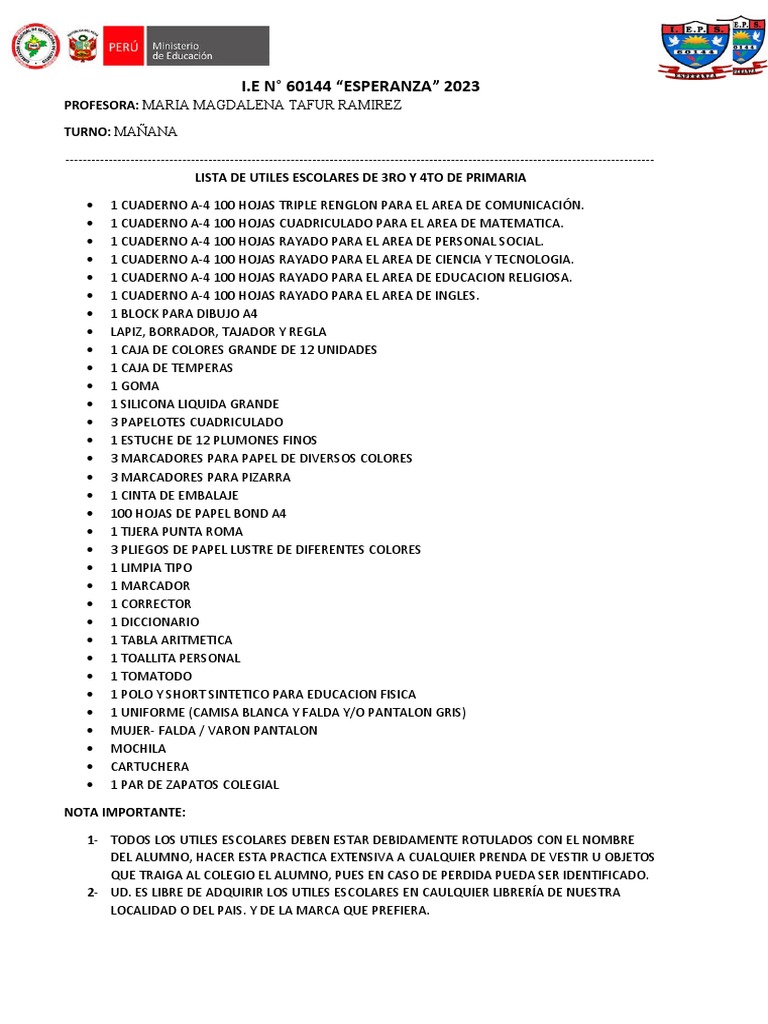 Lista de Utiles 3ro y 4to Primaria | PDF