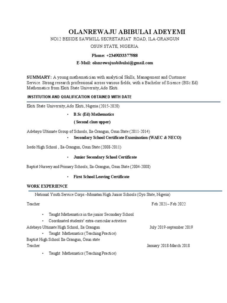 Olanrewaju Abibulai Adeyemi | PDF | Bachelor Of Science | Educational Stages