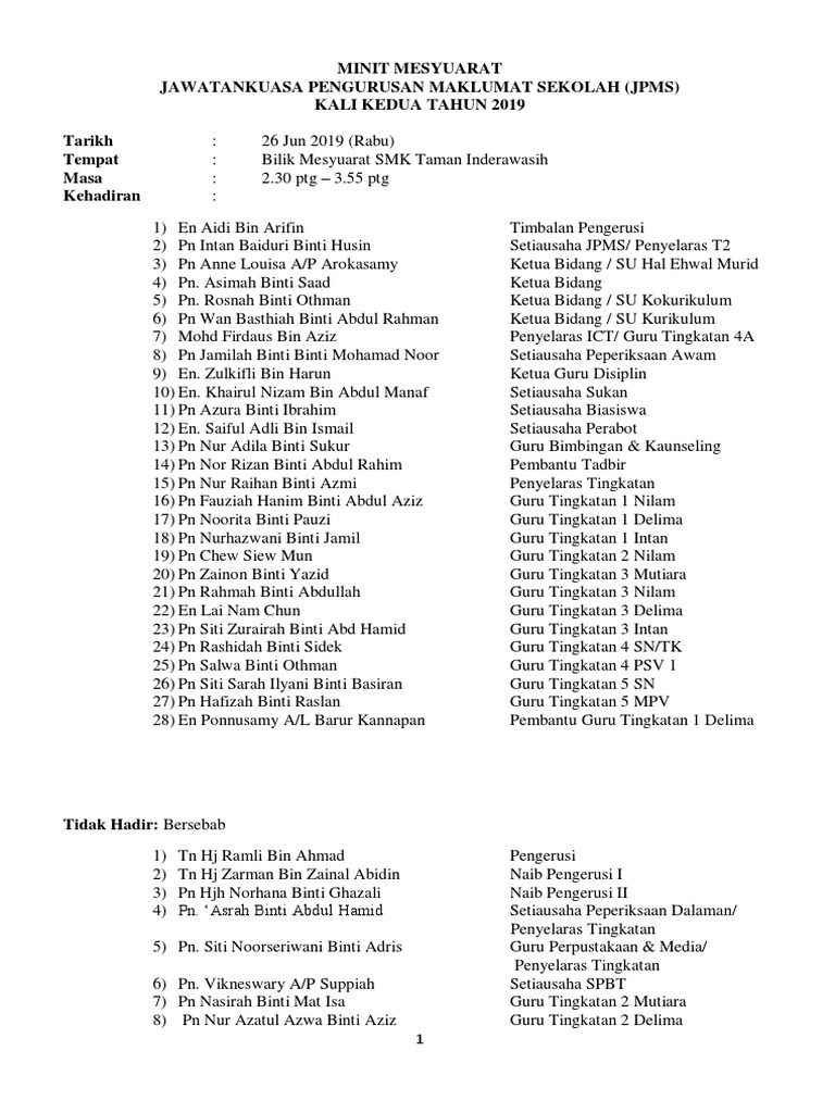 Minit Mesyuarat JPMS Kali KEDUA 2019 | PDF
