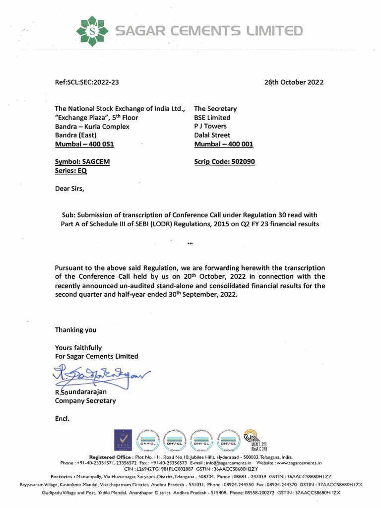 Sagar Cements Limited: 26th October 2022 | PDF | Balance Sheet | Demand