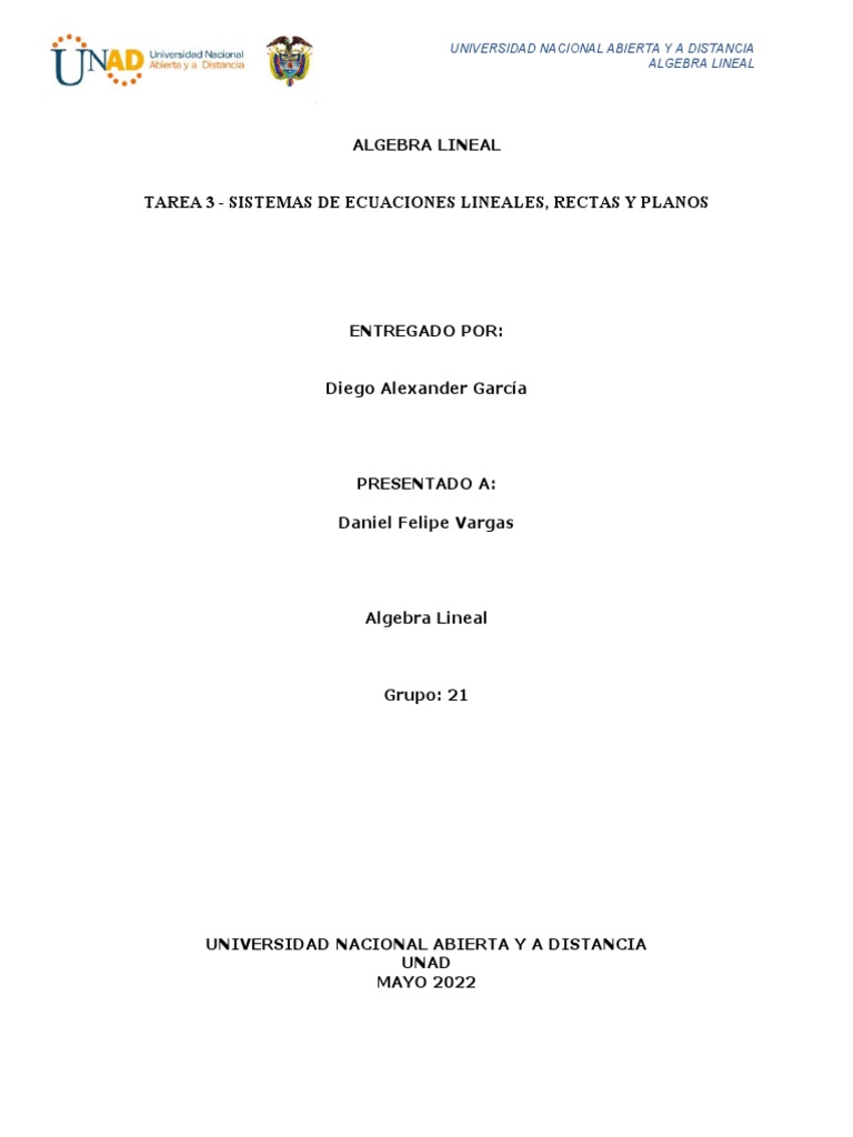 Tarea 3 - Sistemas de Ecuaciones Lineales, Rectas Y Planos: Algebra ...