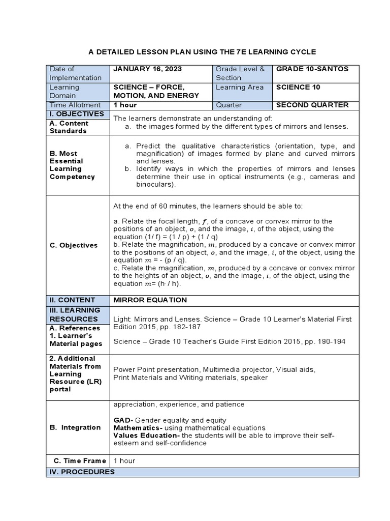Mirror Formula Lesson Plan for Grade 10 | PDF