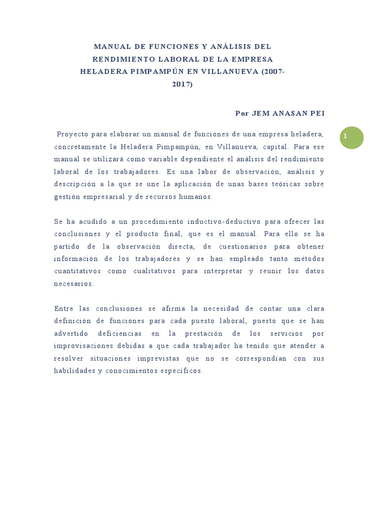 MANUAL DE FUNCIONES Y ANÁLISIS DEL RENDIMIENTO LABORAL (1), Por Jem ...