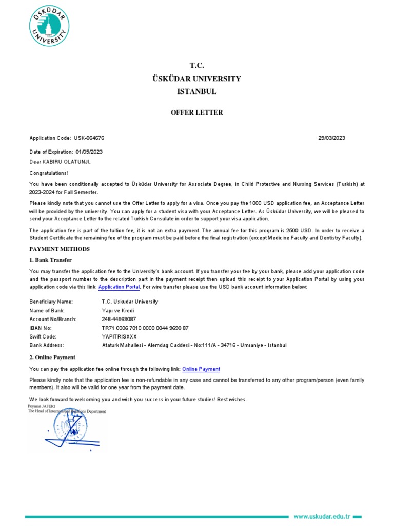 Üsküdar Univ. Offer: Child Services | PDF | Fee | Wire Transfer