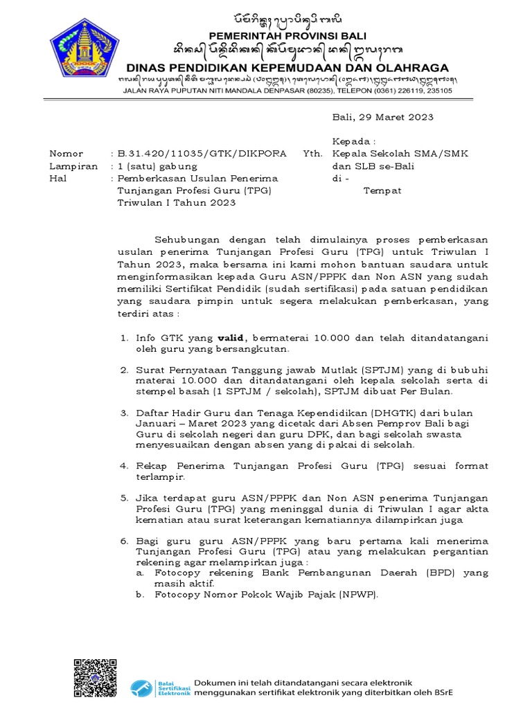 Pemberkasan Usulan PenerimaTunjangan Profesi Guru (TPG) Triwulan I Tahun 2023 TTE | PDF | Karier ...