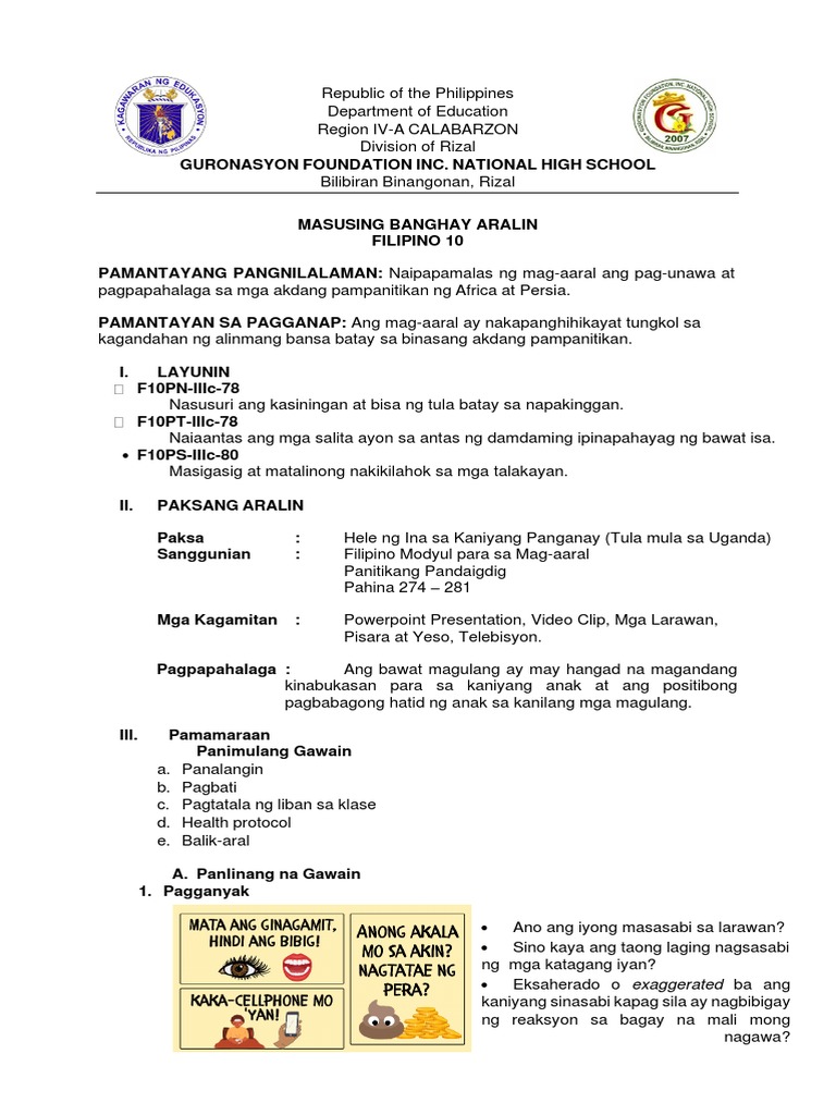 Lesson 4 (Hele NG Ina Sa Kaniyang Anak) Lesson Plan | PDF