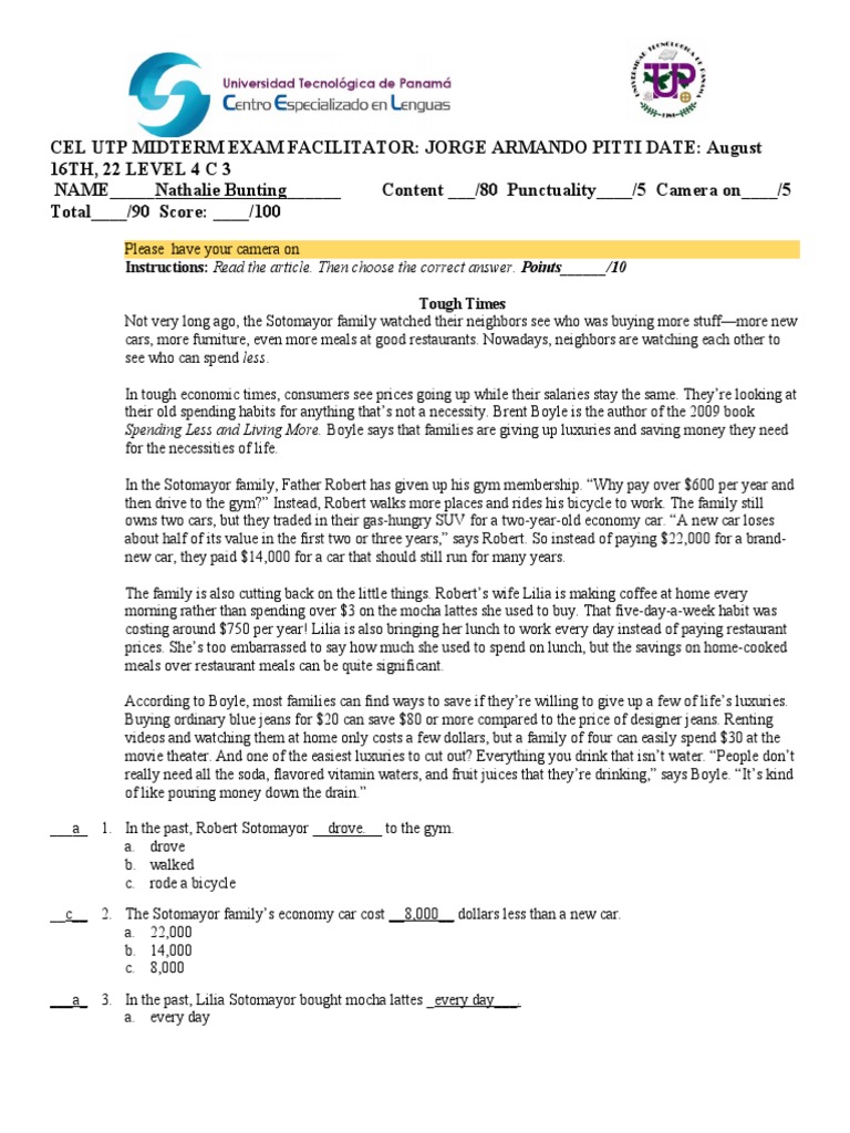 CEL UTP MIDTERM EXAM 4 C 3 2022-3 Students' Version | PDF | Food And Drink