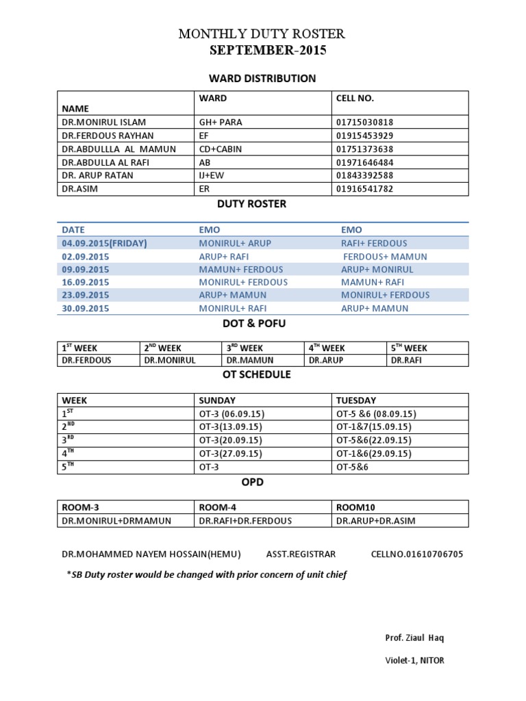 MONTHLY DUTY ROSTER September | PDF