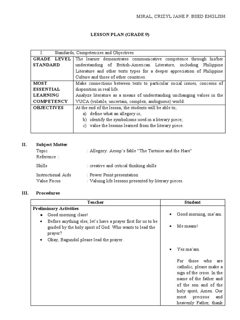 Lesson Plan (Grade 9) | PDF | Allegory | Fable