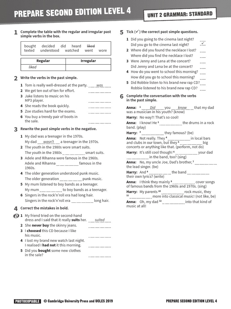 PREPARE 4 Grammar Standard Unit 02 | PDF
