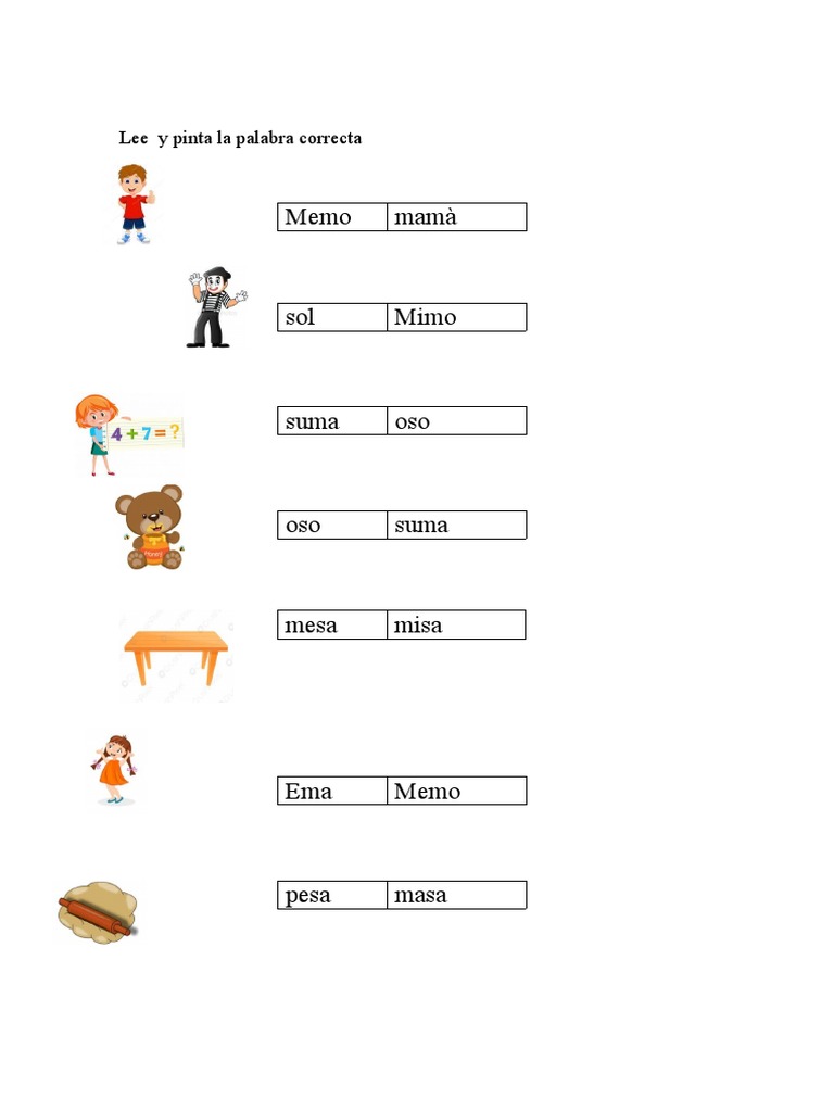 Memo Mamà: Lee y Pinta La Palabra Correcta | PDF