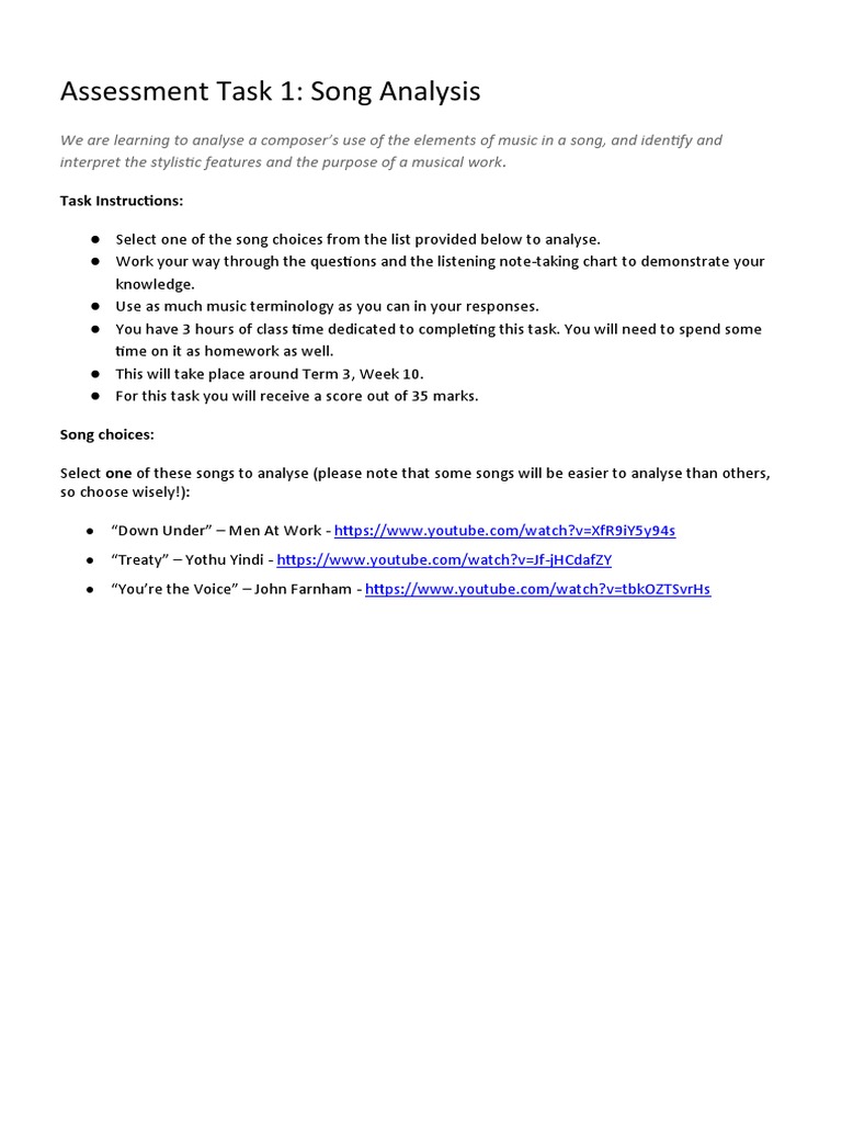 Assessment Task 1 - Song Analysis (Student Copy) | PDF | Song Structure ...
