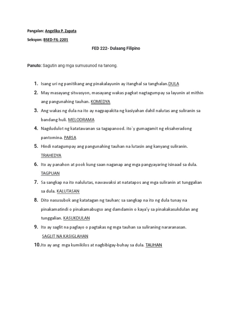 ZAPATA, ANGELIKA P. - BSED-FIL-2201 - FED 222 - Dulaang Filipino | PDF