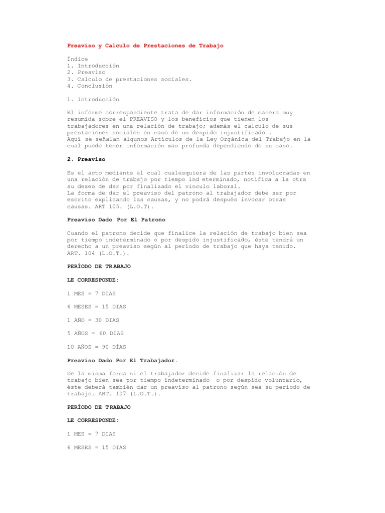 Preaviso y Calculo de Prestaciones de Trabajo | PDF