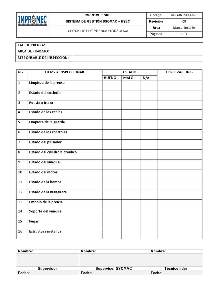 Checklist de inspección para prensa hidráulica | PDF