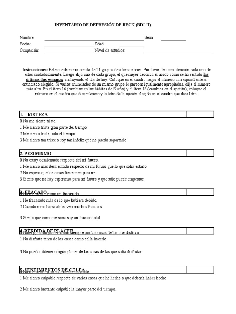 Inventario de Depresión de Beck (BDI-II) | PDF | Relaciones personales ...