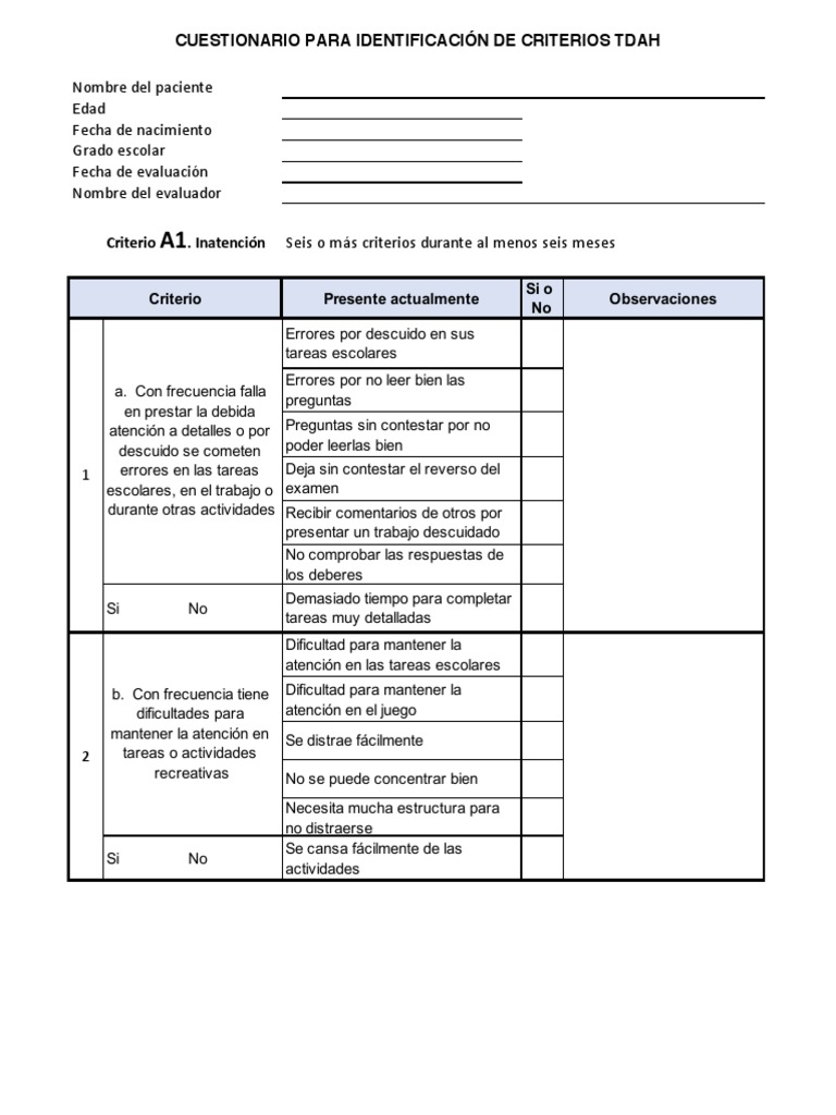 Cuestionario TDAH | PDF | Desorden hiperactivo y deficit de atencion ...