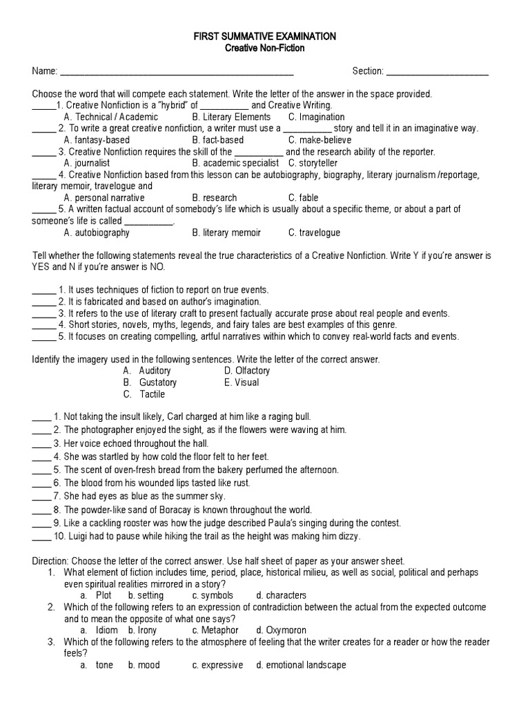 PPG First Summative Examination | PDF | Creative Nonfiction