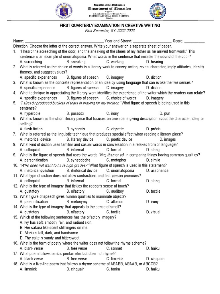 Creative Writing First Quarter Exam | PDF | Poetry | Metre (Poetry)
